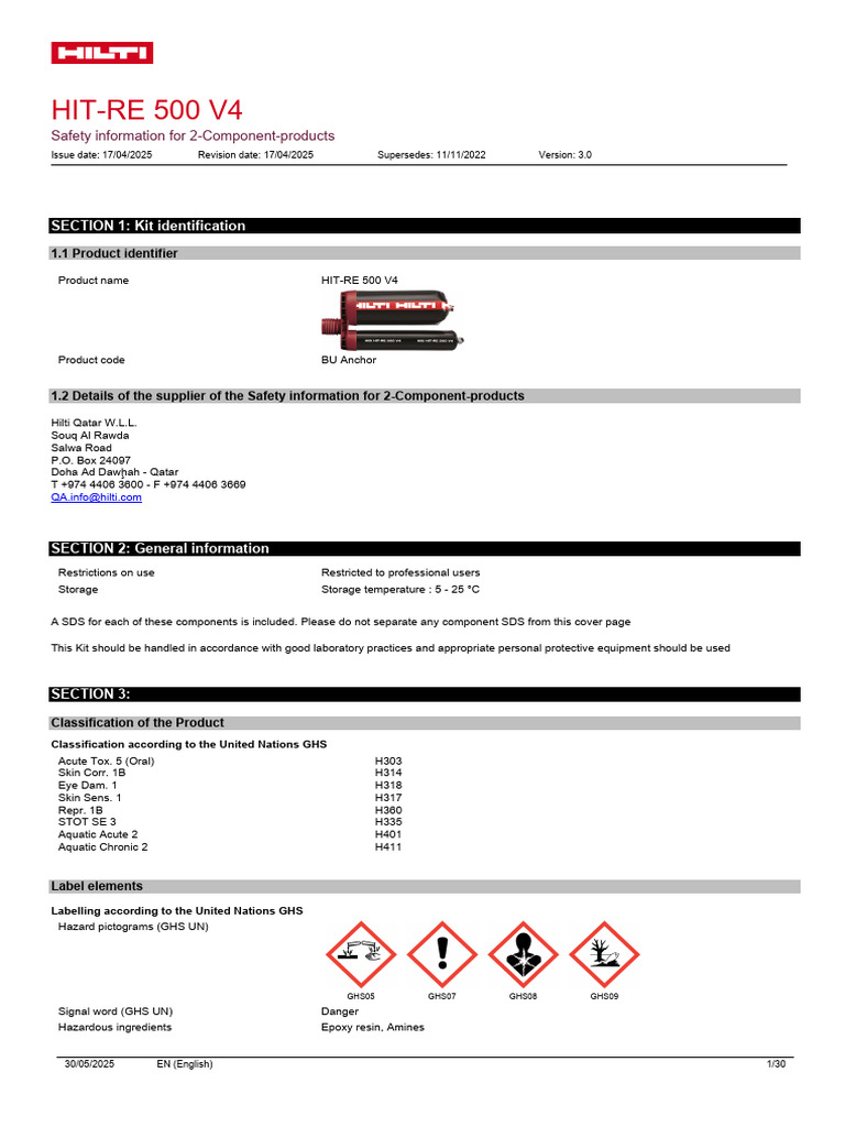 Hilti Hit-Re 500 v4 Epoxy Anchor | PDF | Toxicity | Firefighting