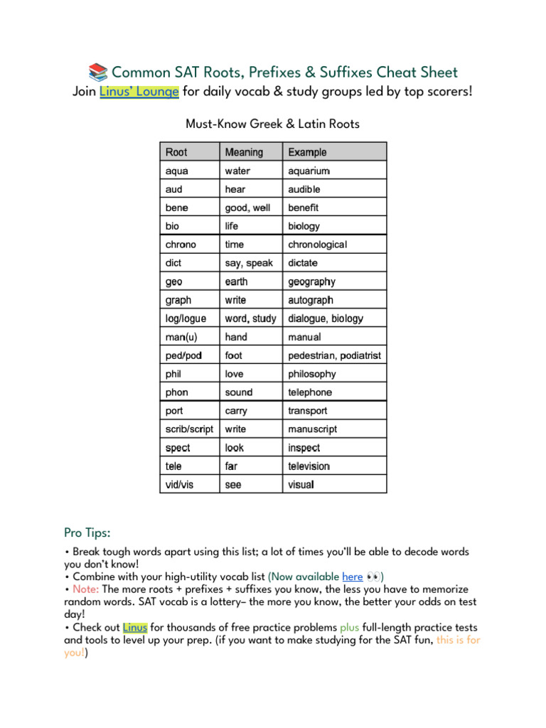 ? Common SAT Roots, Prefixes & Suffixes Cheat Sheet | PDF