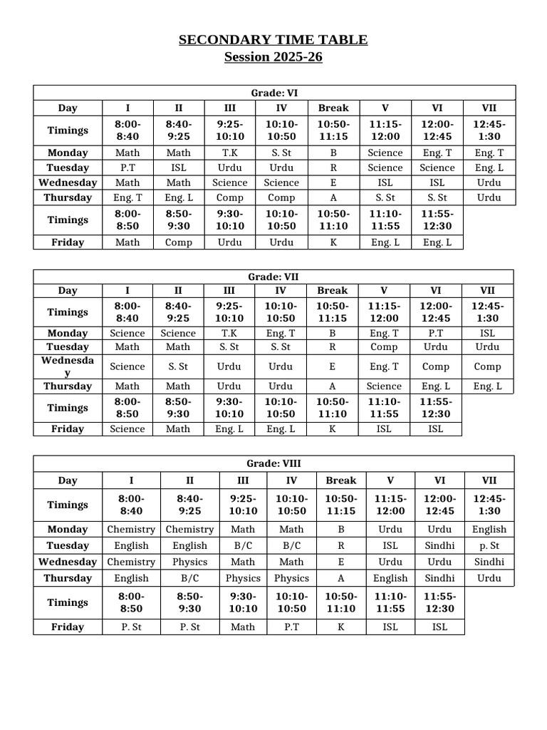 Updated Secondary Class Time Table | PDF