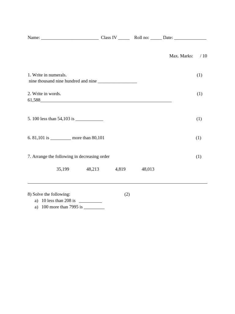 Class IV Math Worksheet: Numbers & Operations | PDF