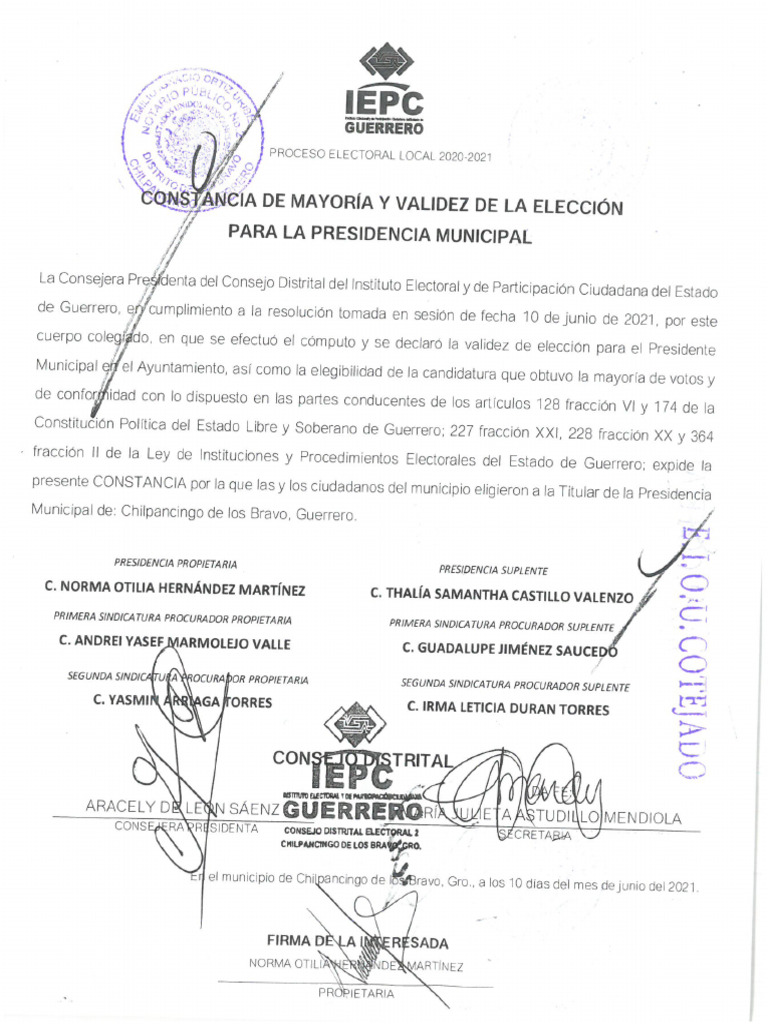 4.1.2. Constancia de Mayoria y Validez de La Eleccion para La ...
