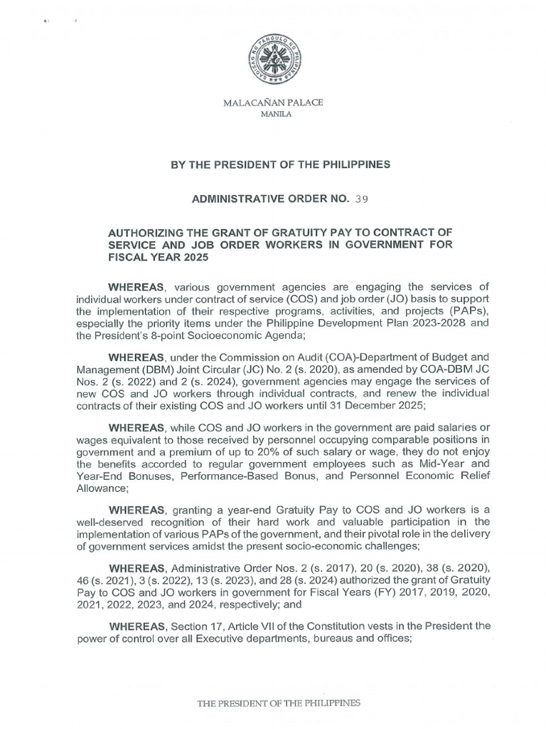 Administrative Order No. 39 GRATUITY FY 2025 | PDF