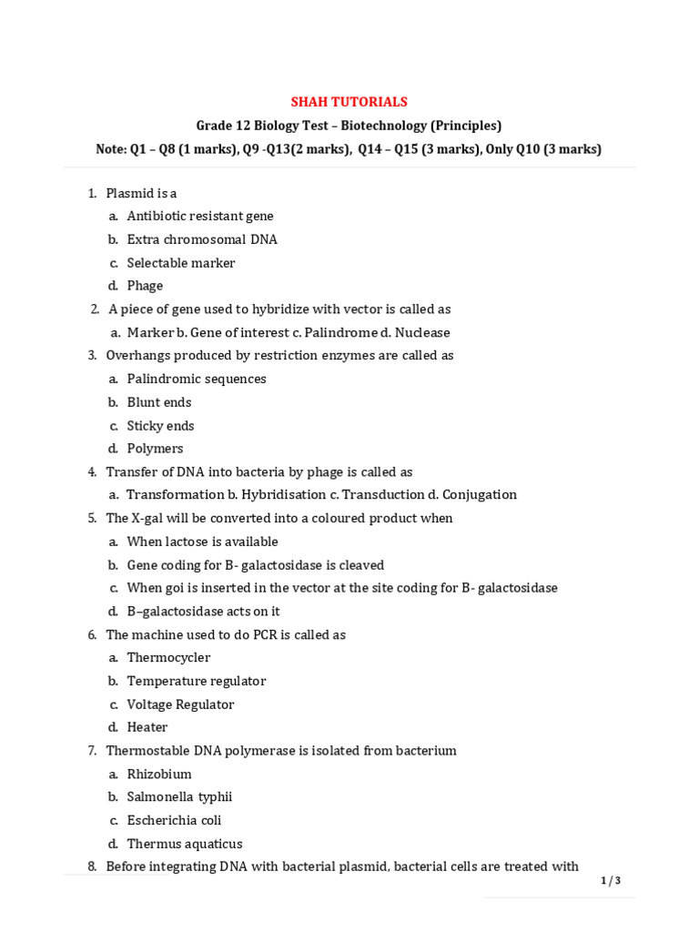Grade 12 Biology: Biotechnology Test | PDF
