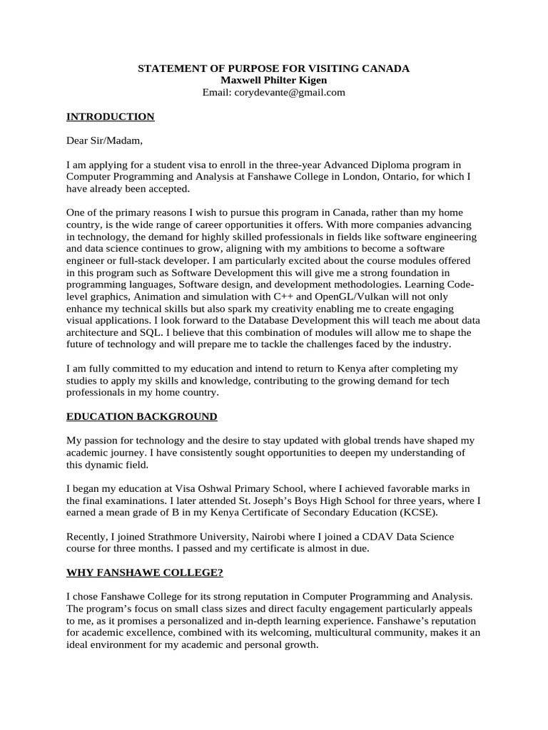 Statement of Purpose For Visiting Canada | PDF | Innovation | Computer ...