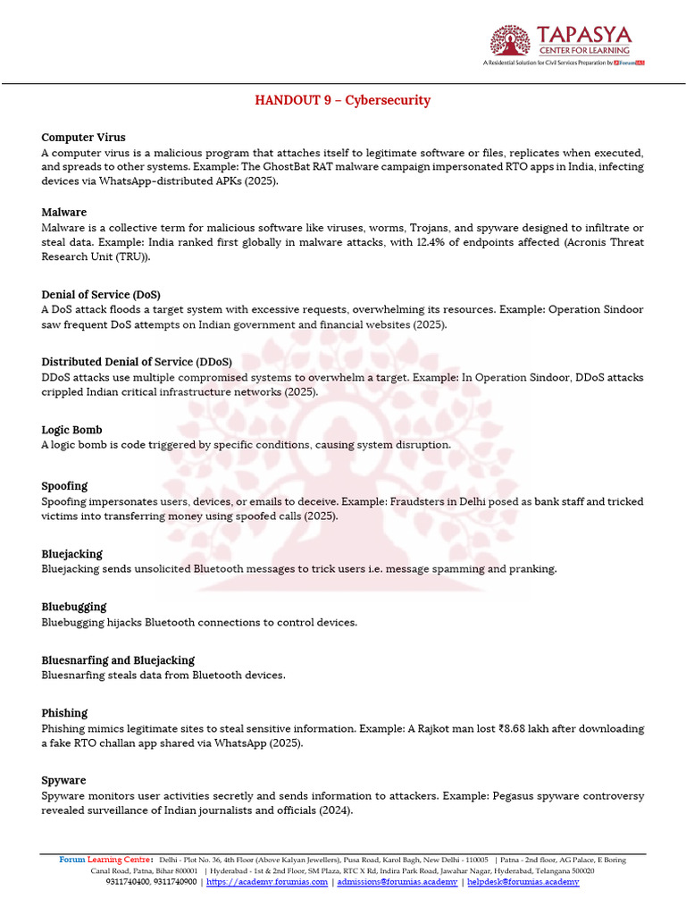 09. HANDOUT 9 -Cybersecurity_Threats_and_Attacks_with_India | PDF | Malware | Denial Of Service ...