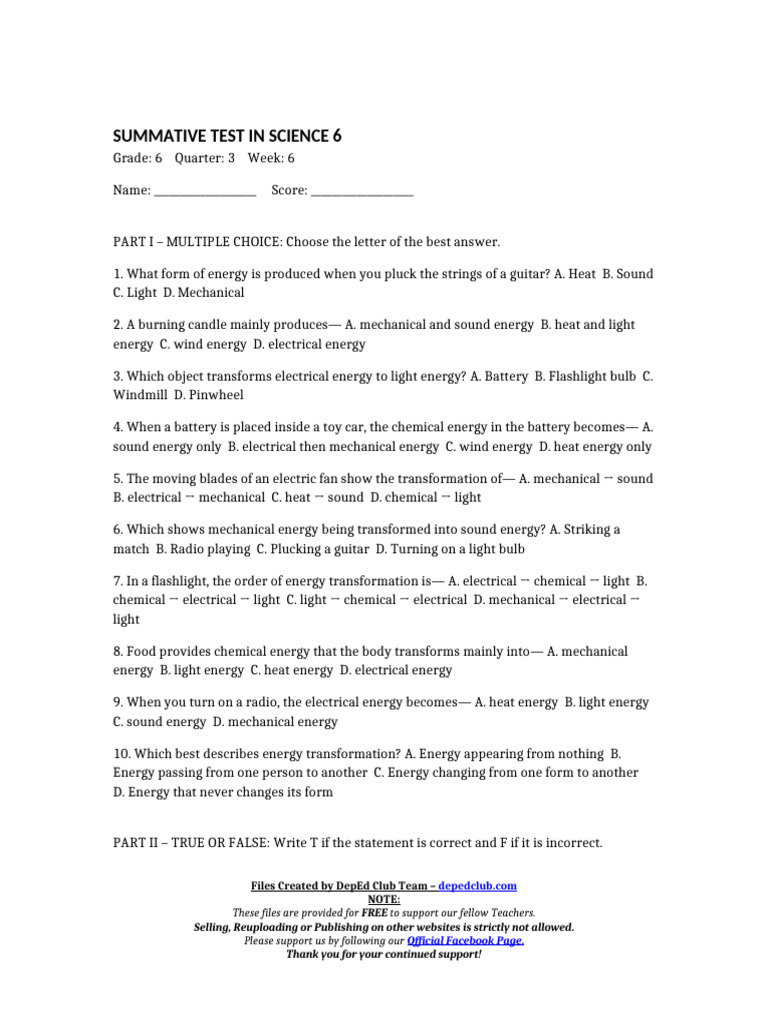 Energy Transformation Test for Grade 6 | PDF