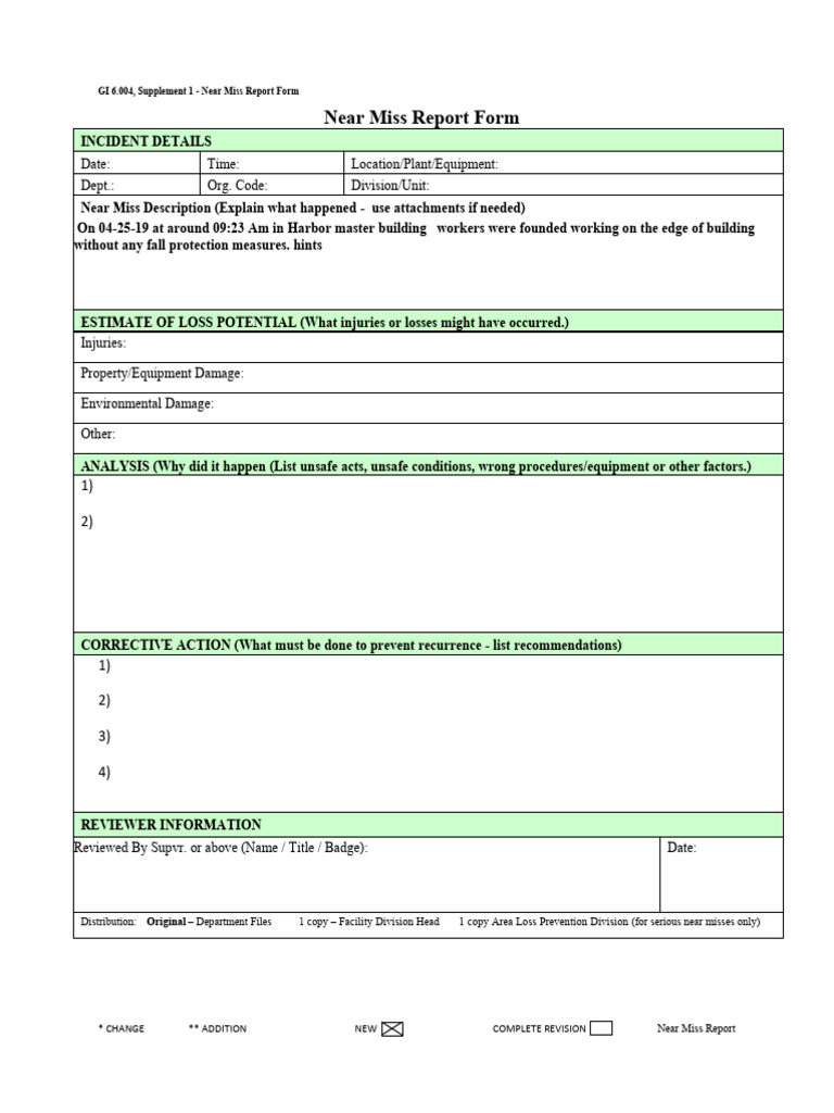 Near Miss Report Form Template | PDF
