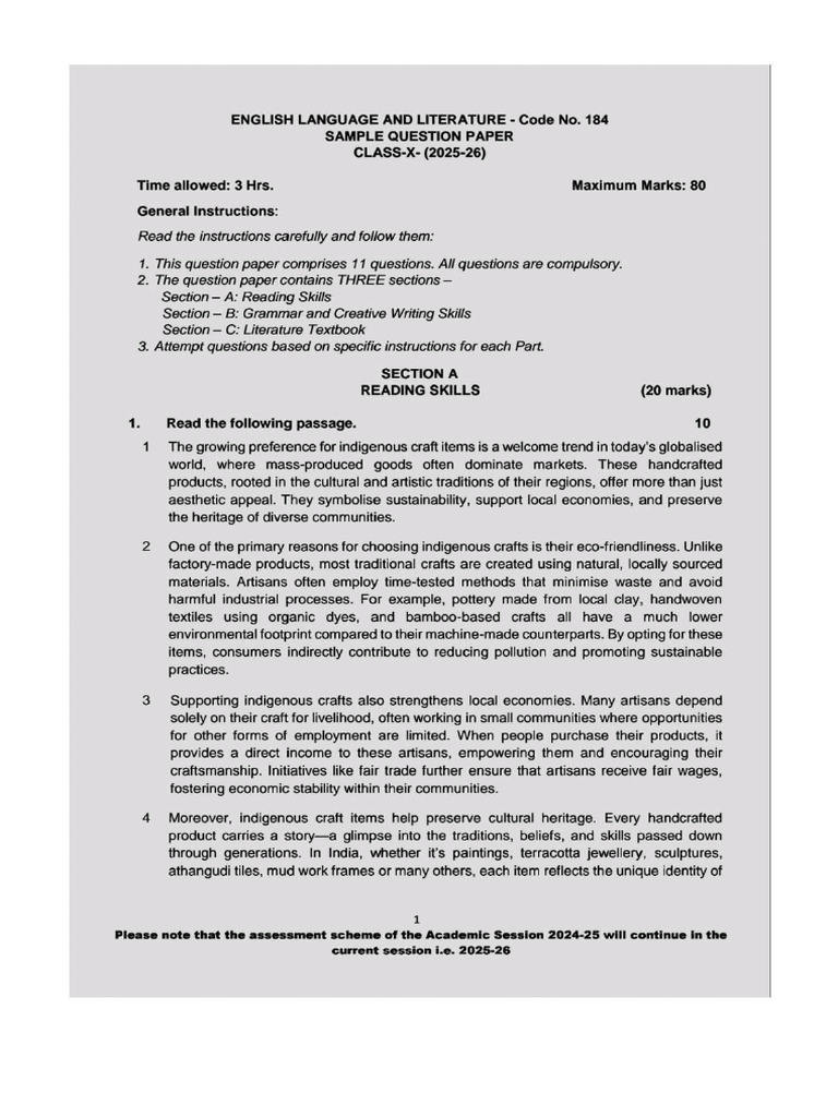 10th English Sample Paper | PDF