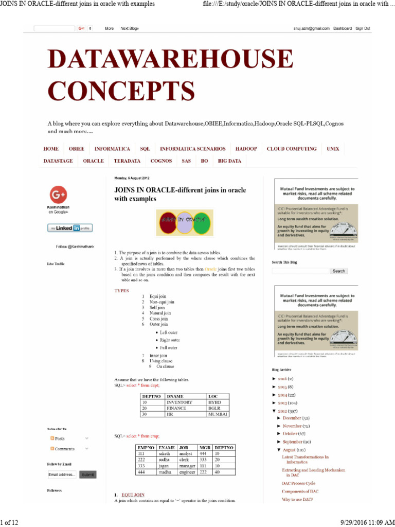 JOINS IN ORACLE-different joins in oracle with examples | PDF