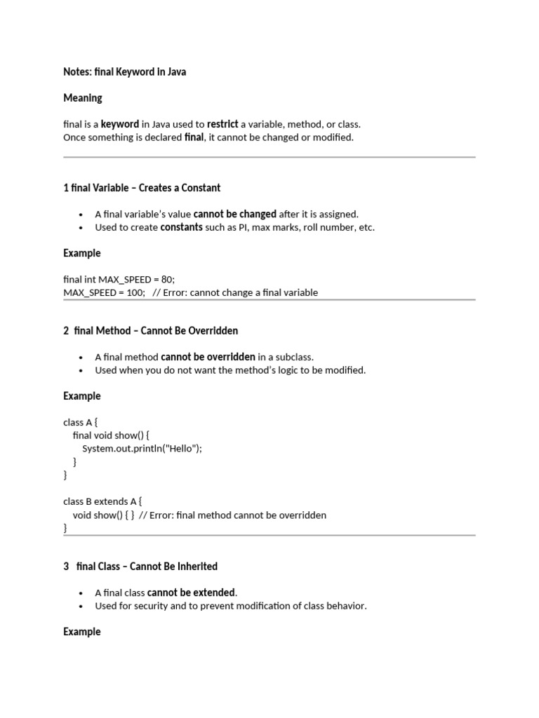 Final Keyword in Java | PDF