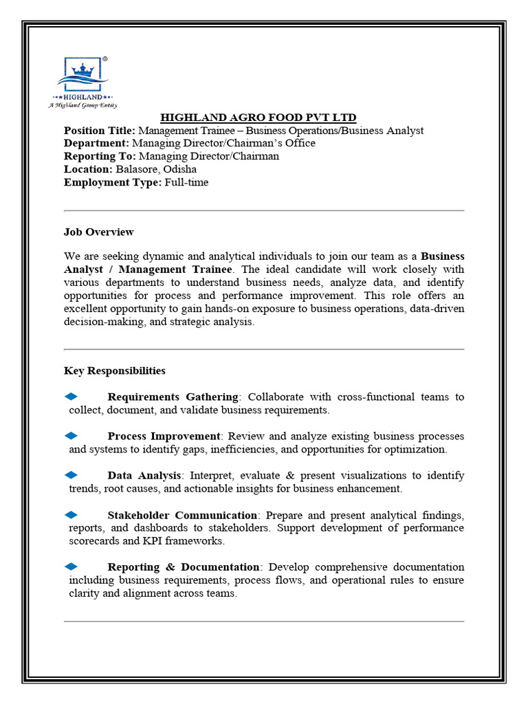 Business Analyst - Highland Agro Food Pvt. Ltd. (1) | PDF | Analytics ...