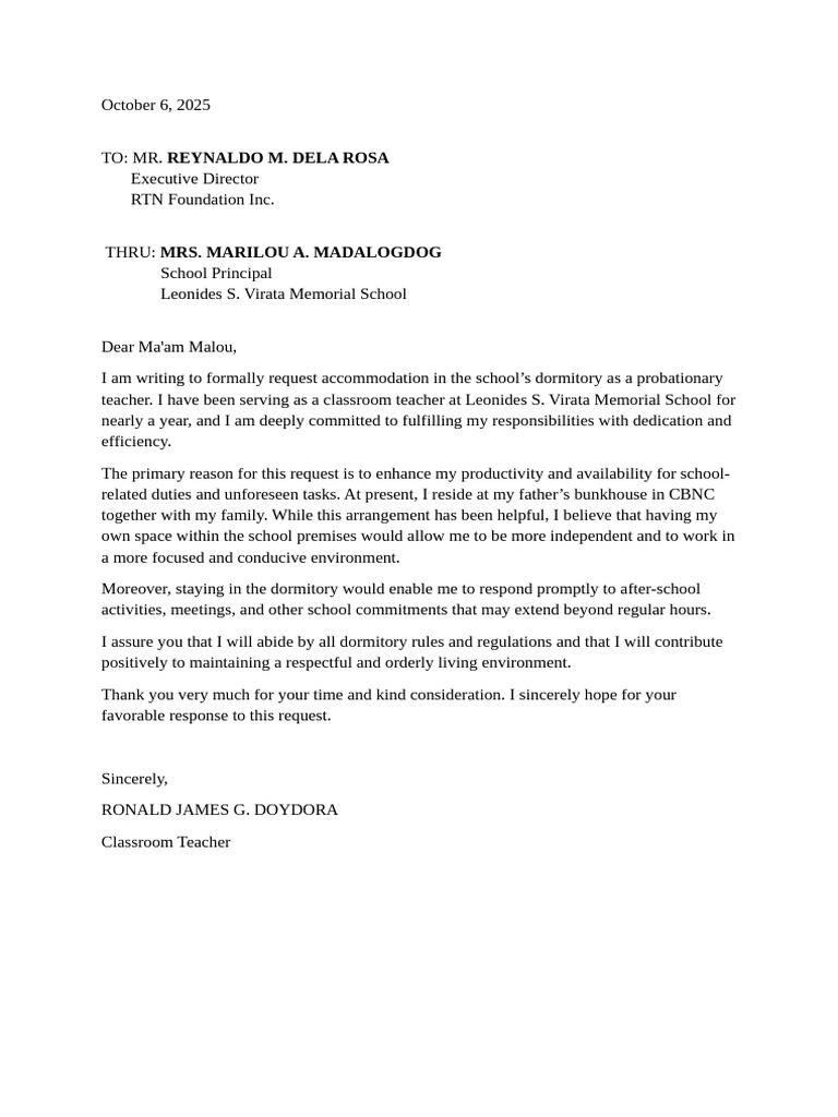 Request for Dormitory Accommodation | PDF