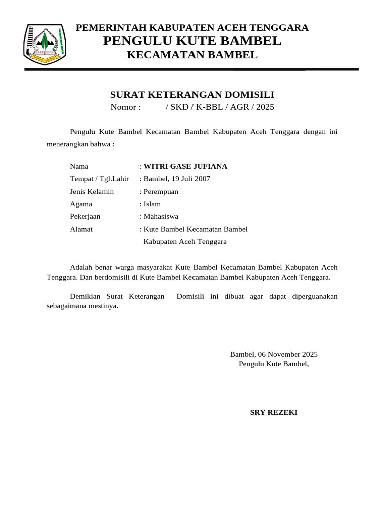 Surat Keterangan Domisili Aceh Tenggara | PDF