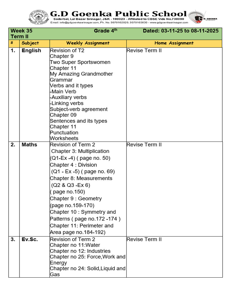 Grade-4 Weekly Planner Week 35 Term 2 | PDF