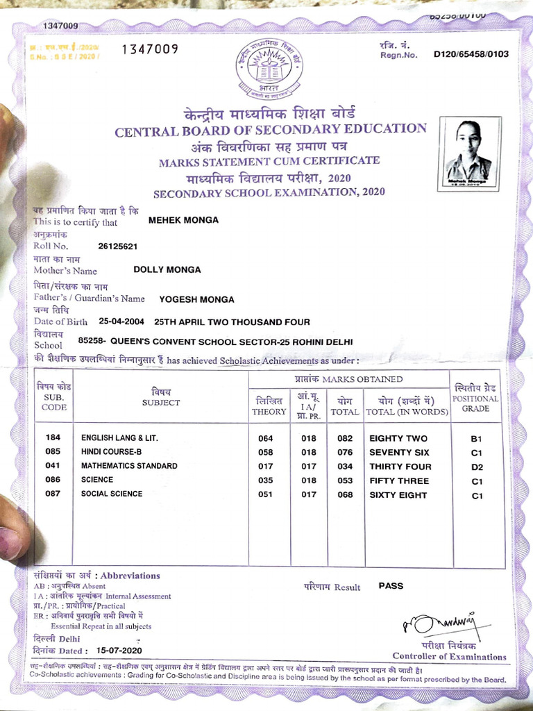 CBSE 2020 Marks Statement Certificate | PDF
