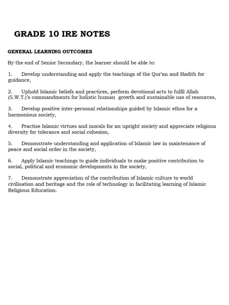 Grade 10 IRE Study Notes Overview | PDF | Hadith | Quran
