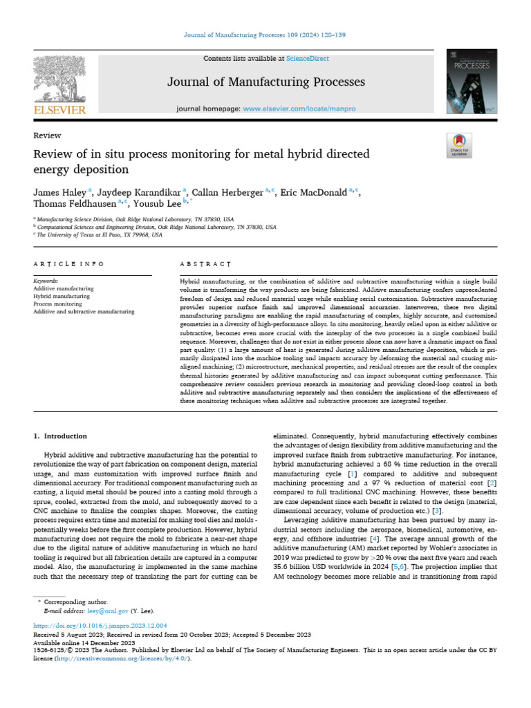 Haley, James. Journal of Manufacturing Processes. Review of in Situ ...