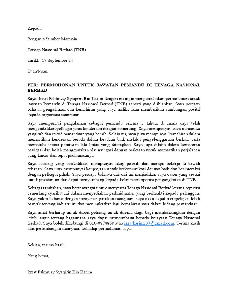 Cover Letter TNB | PDF