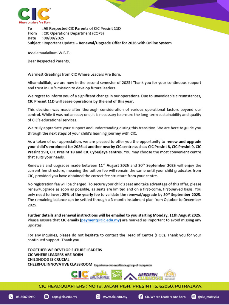 Letter to Cic Parents Cic p11d - Renewal-upgrade Offer for 2026 With ...