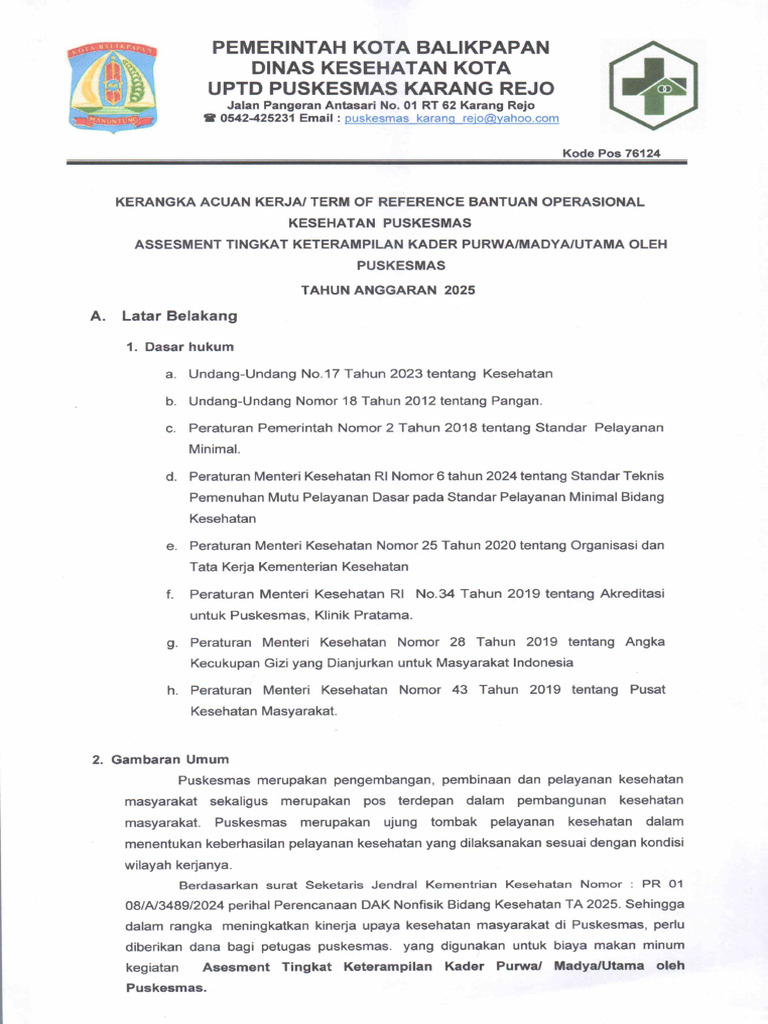 Tor & Rab Assessment Tingkat Keterampilan Kader 2024 PKM KR Rejo | PDF