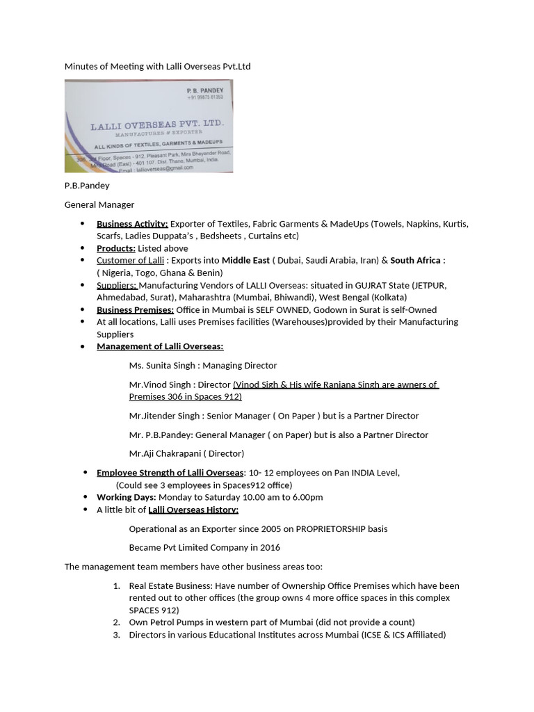 Lalli Overseas Pvt. Ltd. Meeting Minutes | PDF