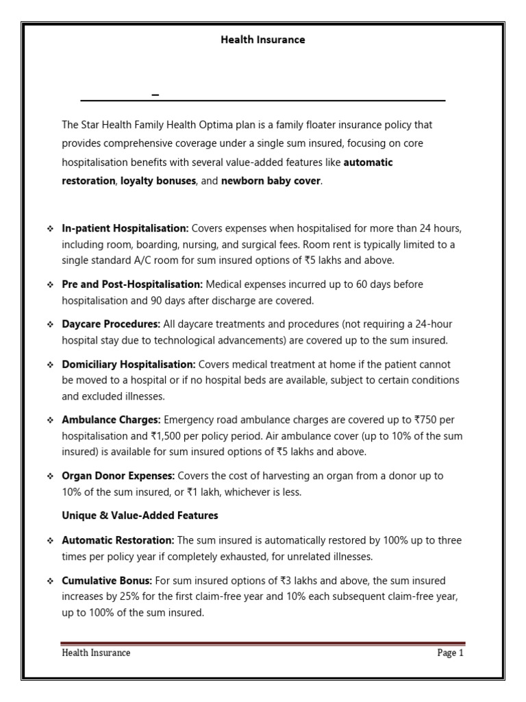 Star Health Family Health Optima Plan | PDF | Hospital | Insurance
