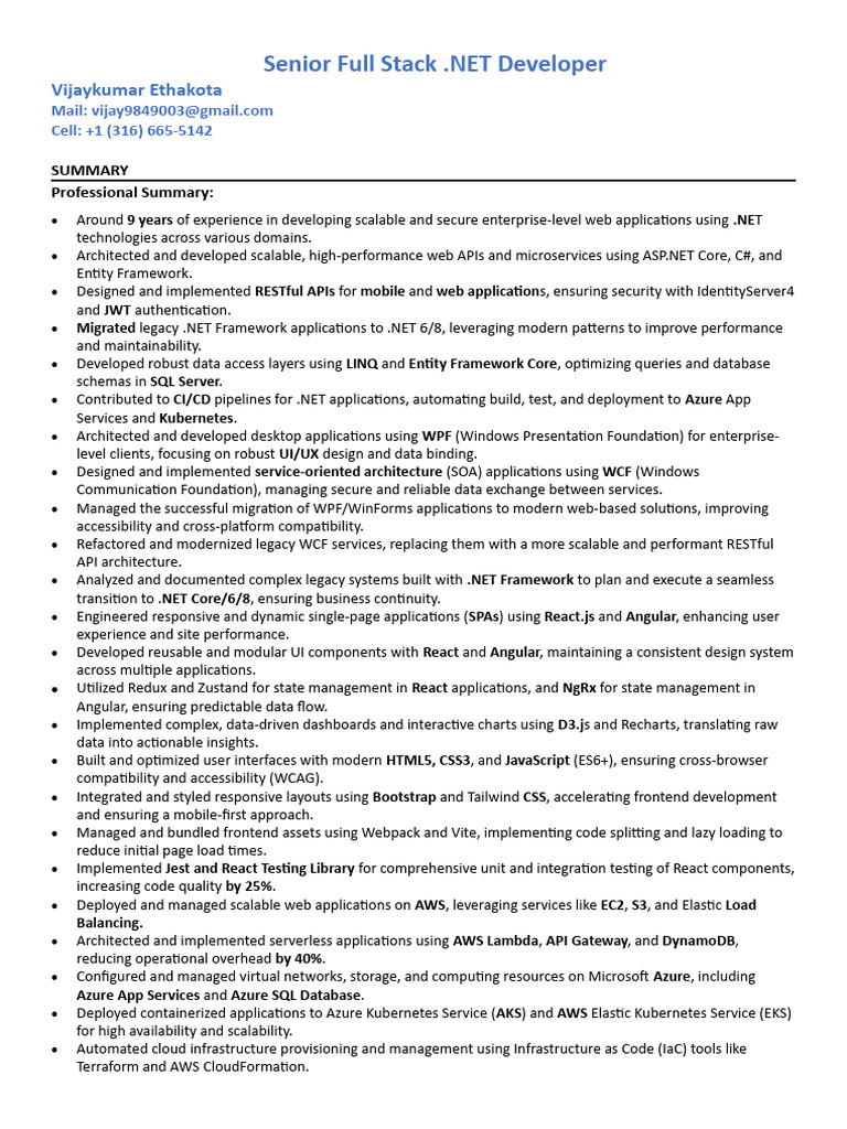 Senior Full Stack .NET Developer Resume | PDF | Language Integrated ...