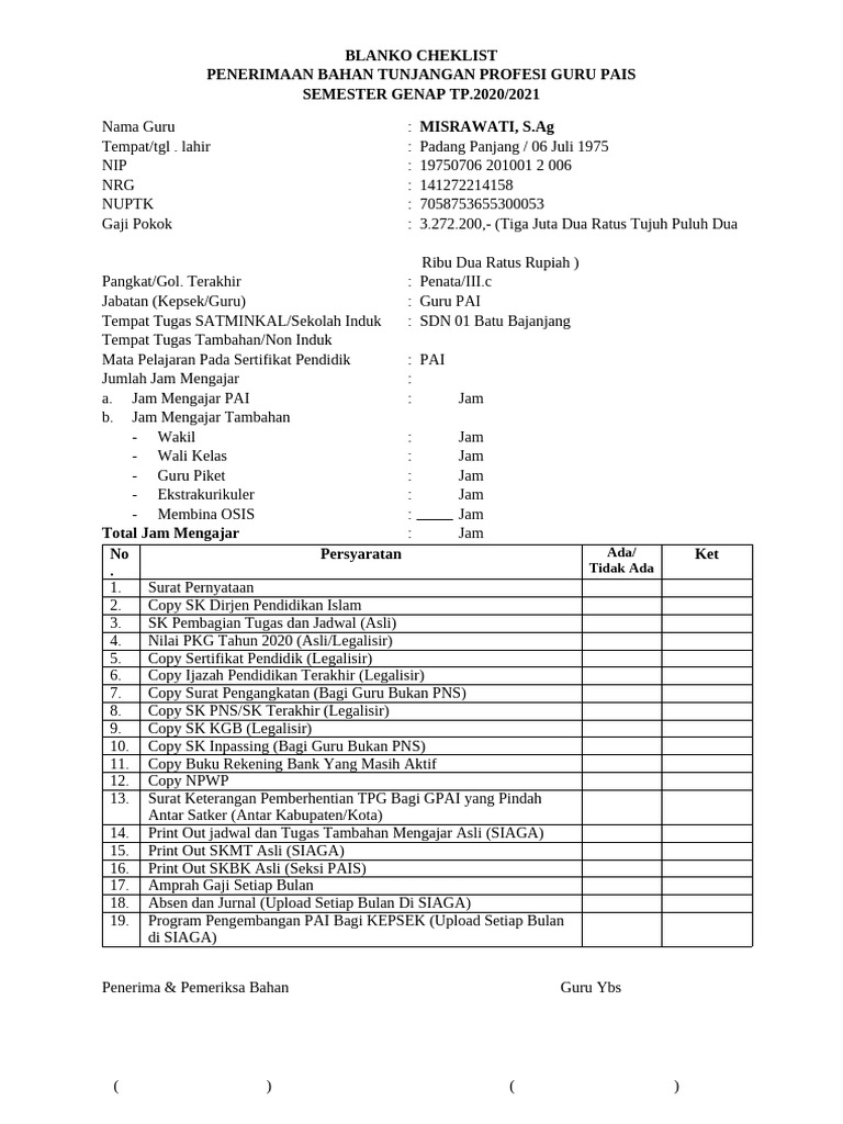 Checklist Penerimaan Tunjangan Guru PAI | PDF