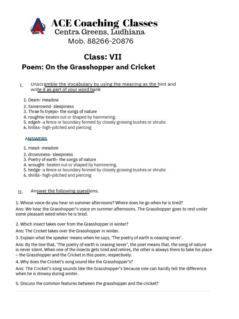 On The Grasshopper and Cricket (Worksheet) | PDF
