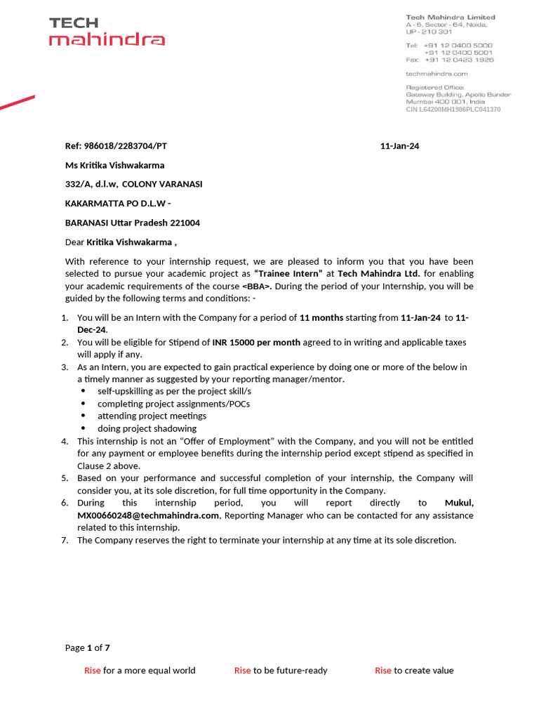 Apprentice Letter Kritika Vishwakarma 2283704 | PDF | Internship | Job ...