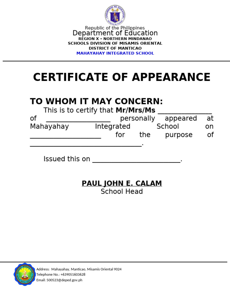 Certificate of Appearance - Mahayahay School | PDF