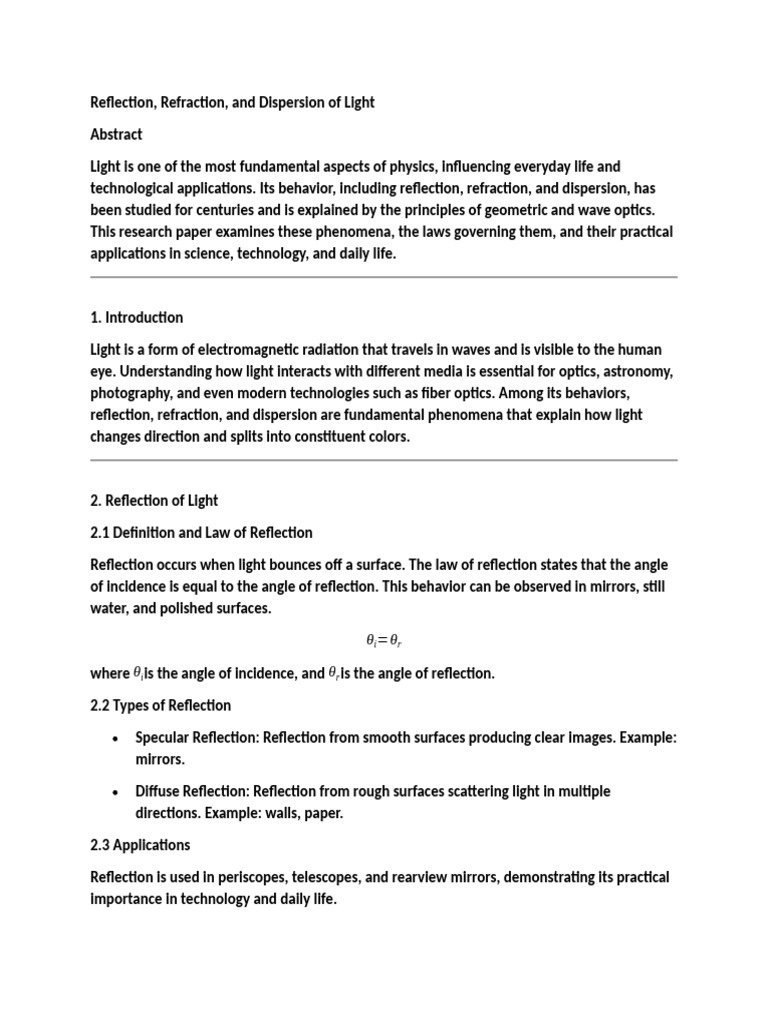 Light Behavior: Reflection, Refraction, Dispersion | PDF | Reflection ...