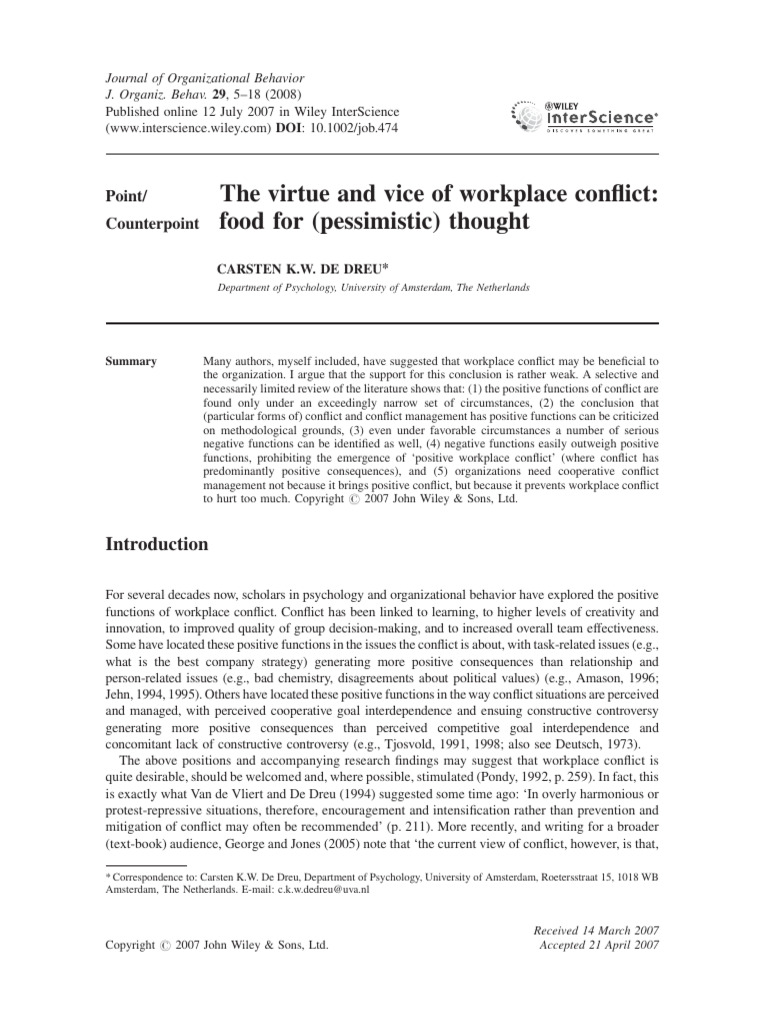 De Dreu - 2008 - The Virtue and Vice of Workplace Conflict Food Fo ...