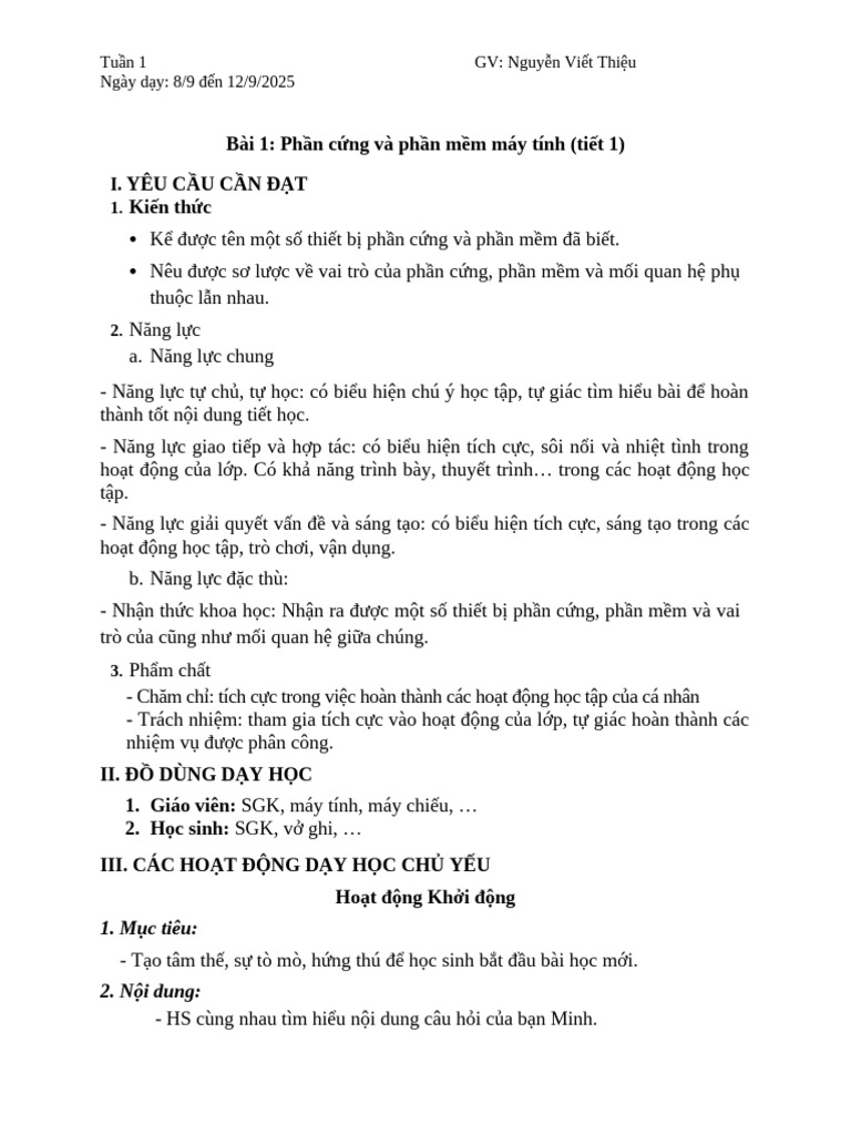 Bai 1 Phan Cung Va Phan Mem May Tinh (Tiet 1) | PDF