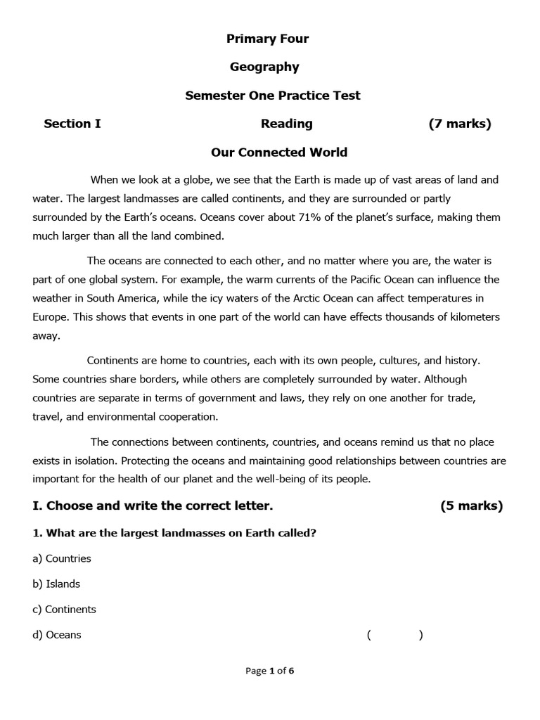 Primary Four Geography Practice Test | PDF | Oceans | Earth