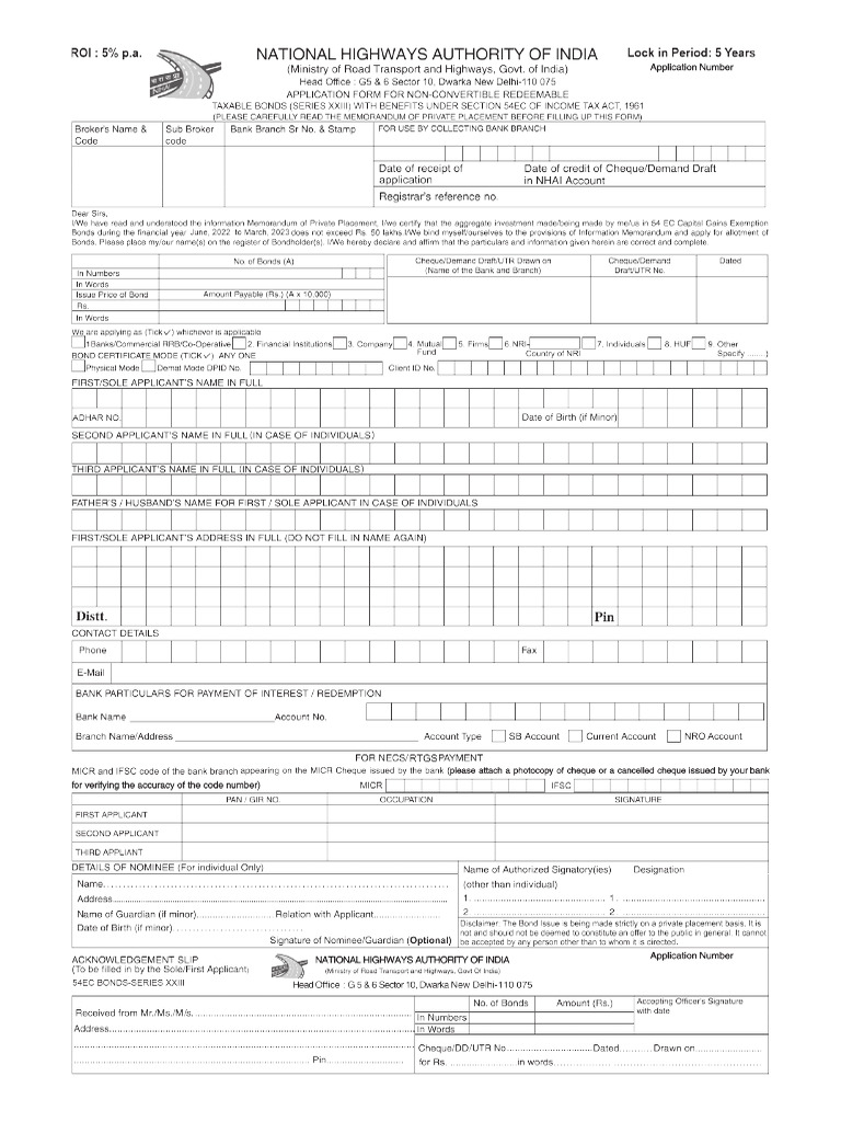 NHAI 54EC Bonds Application Form 2022 _Tr XXIII | PDF