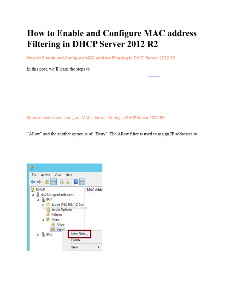 How to Enable and Configure MAC Address Filtering in DHCP Server 2012 R2 | PDF | Ip Address ...