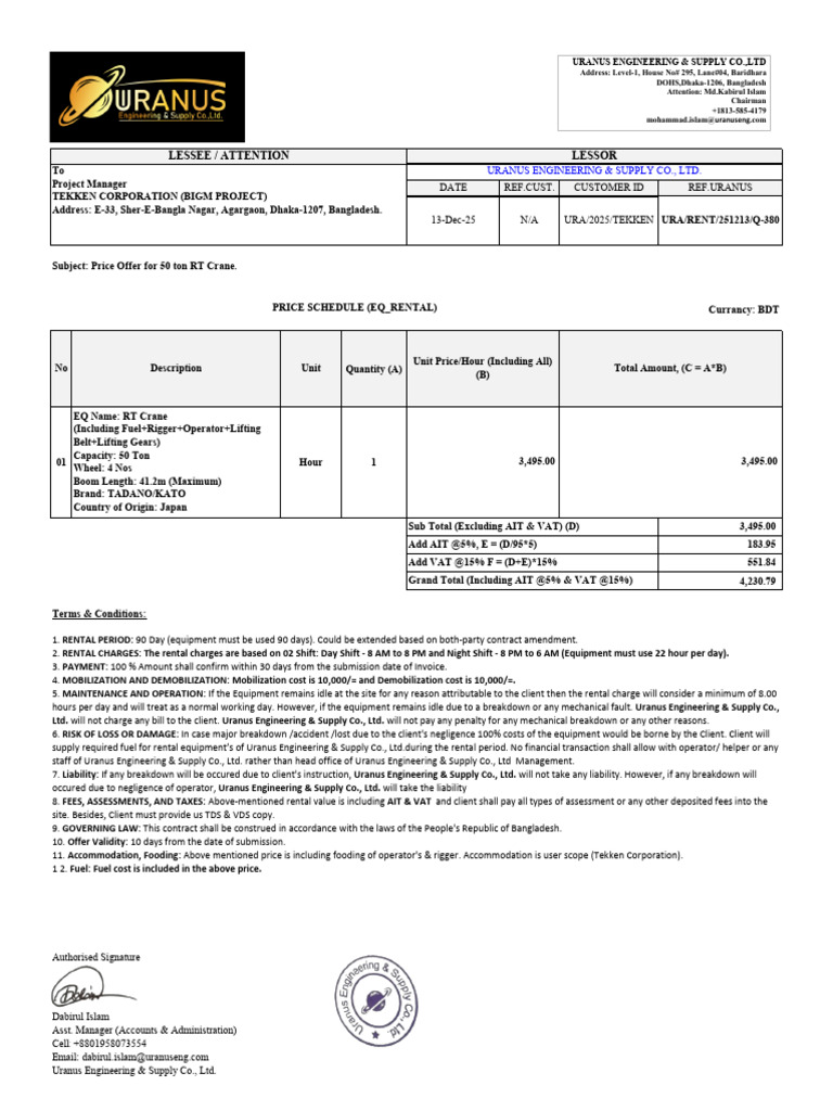 Quotation for 50 Ton RT Crane__Rental | PDF | Fee | Payments