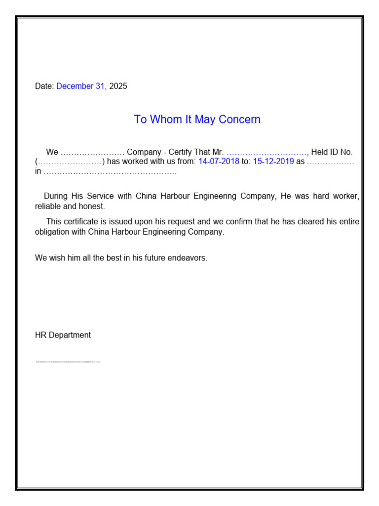 Employment Certificate for Mr. [Name] | PDF