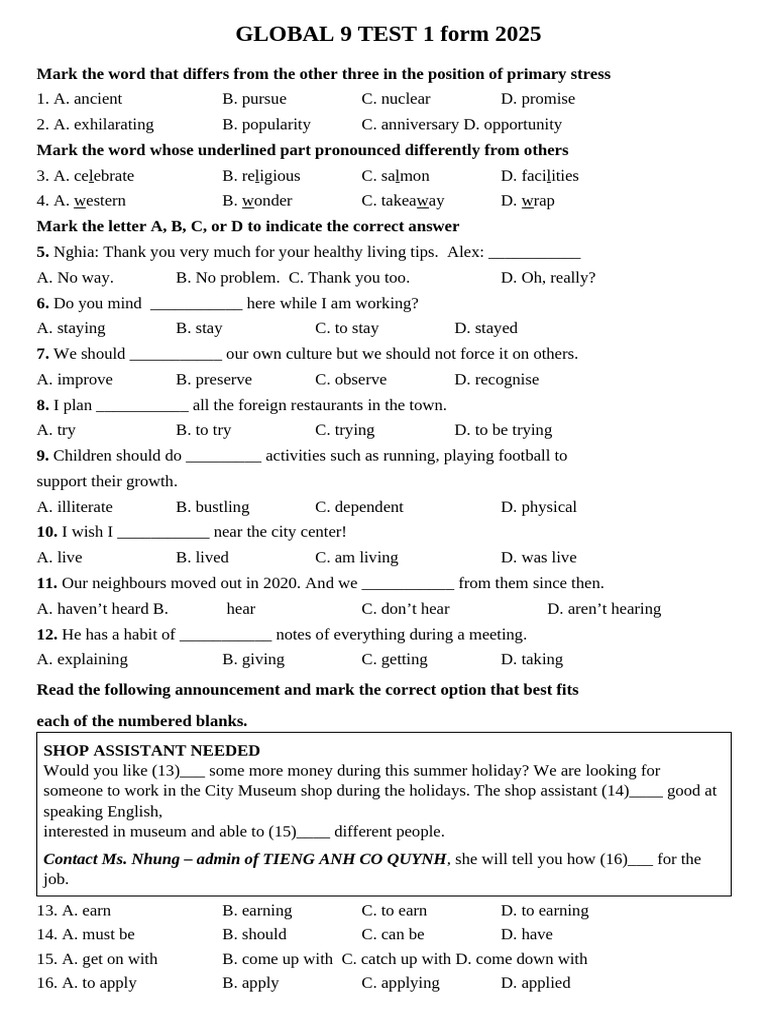 Global 9 Test 1: English Assessment 2025 | PDF