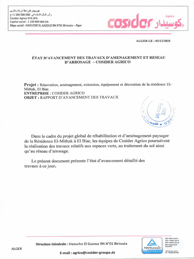 Rapport d'avancement des travaux El-Mithak | PDF