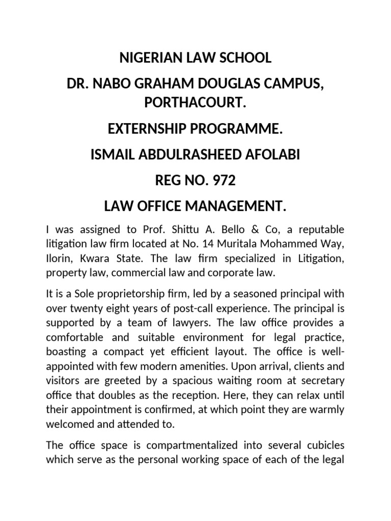 Externship Experience at Prof. Shittu A. Bello & Co | PDF