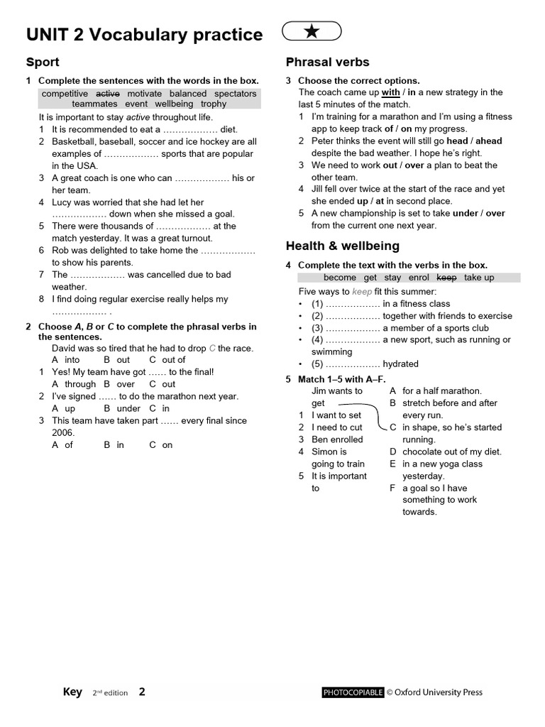 Key2e L2 Worksheets Vocabulary Unit 2 1star | PDF | Sports | Linguistics