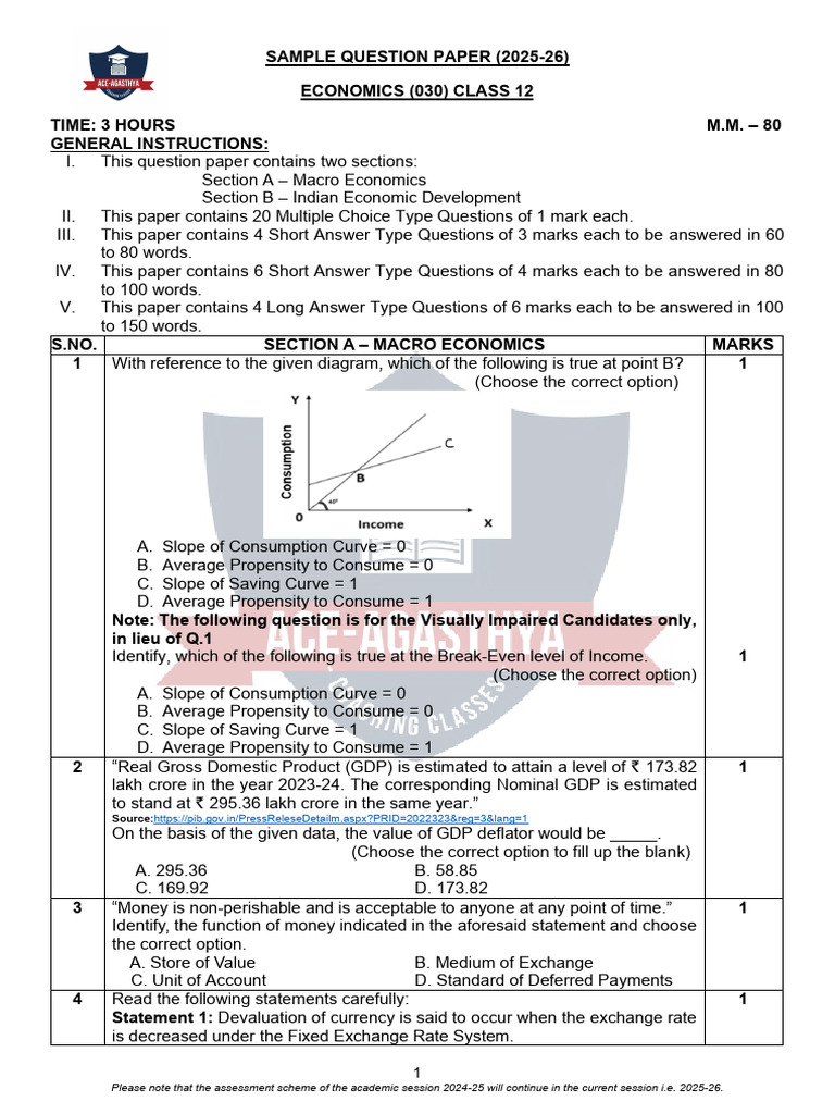 Economics Sample Paper | PDF | Government Budget Balance | Taxes