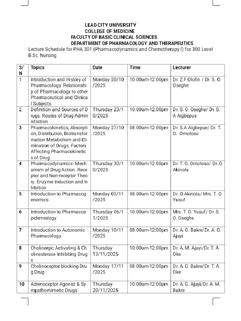 Pha 301 First Semester Lecture Schedule - 2025 - 2026 Session - Phoenix ...