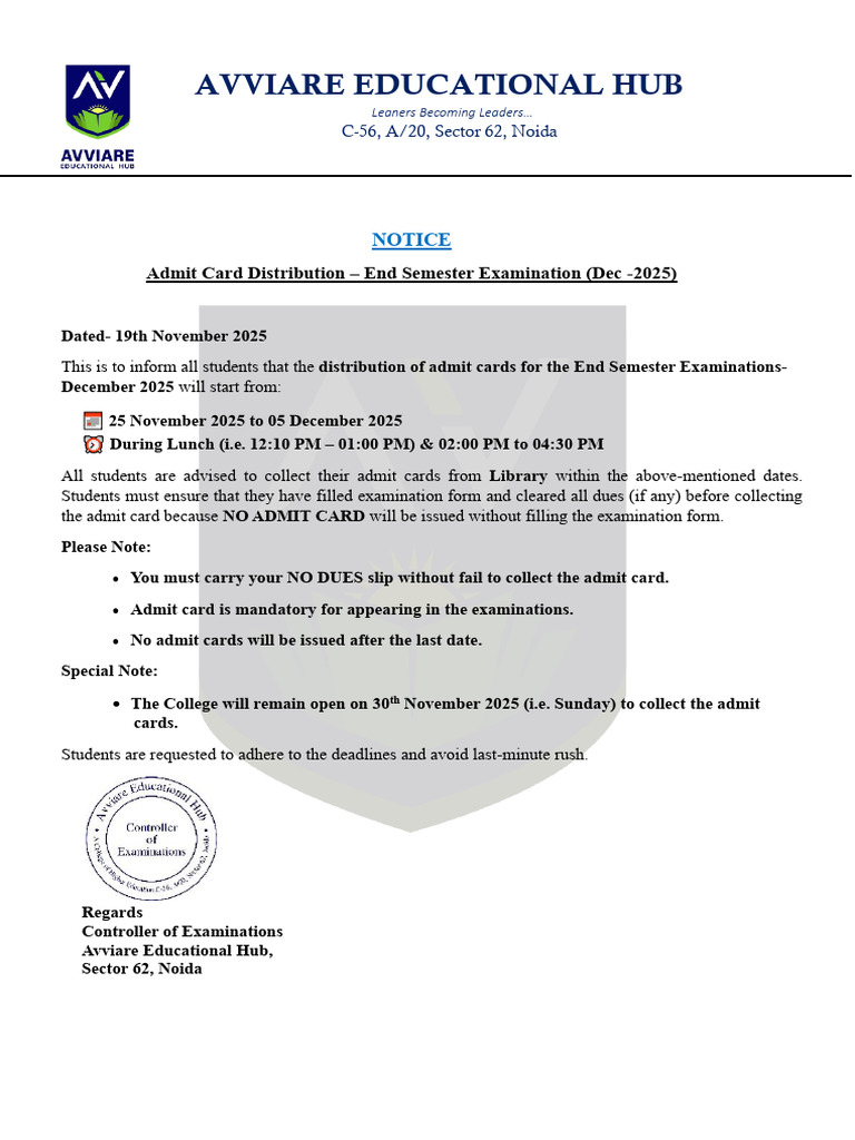 Admit Card Notice | PDF