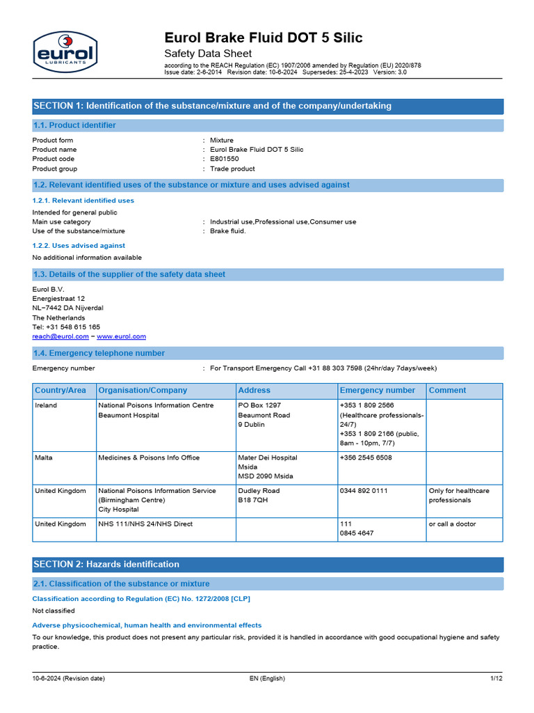 Eurol Brake Fluid DOT 5 Safety Data Sheet | PDF | Personal Protective ...