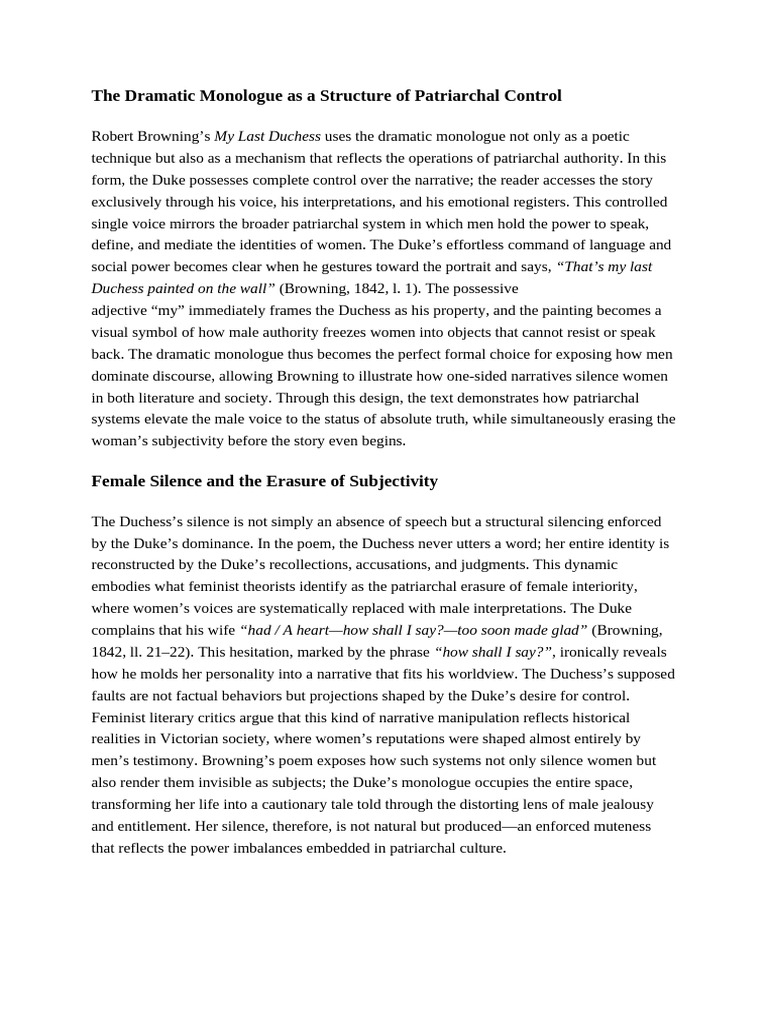 Patriarchal Control in Browning's Monologue | PDF | Patriarchy | Gender