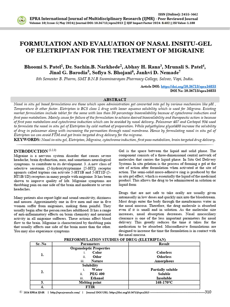 Nasal In Situ Gel for Eletriptan Delivery | PDF | Migraine ...