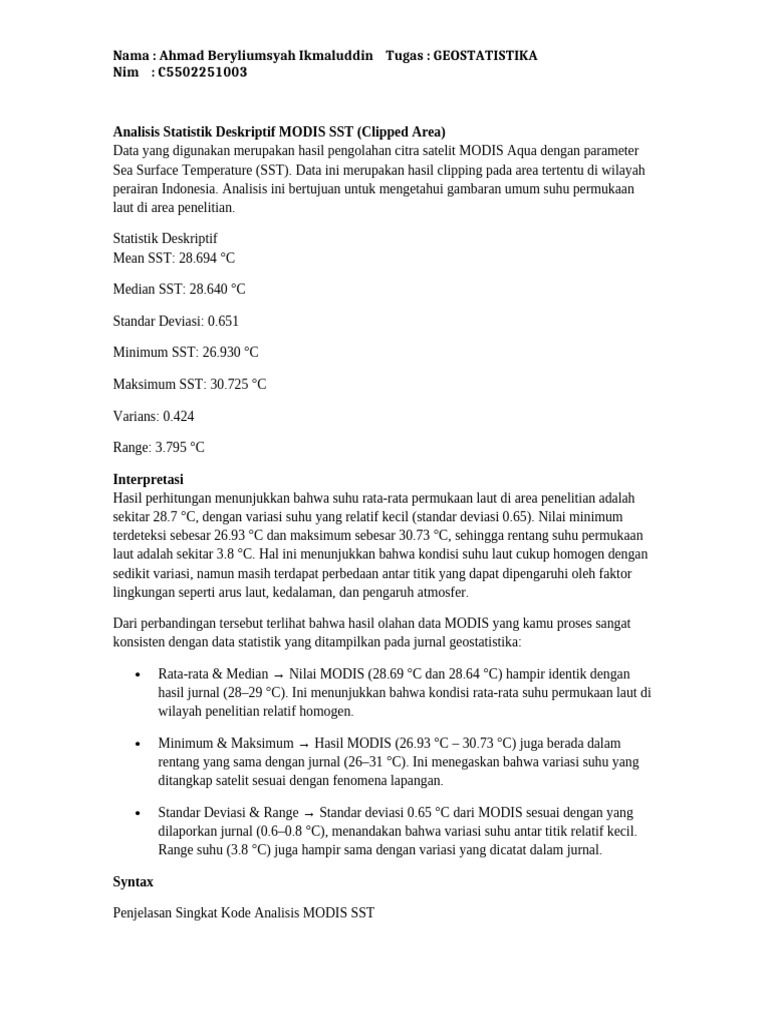 Analisis Statistik Deskriptif MODIS SST (Clipped Area) | PDF